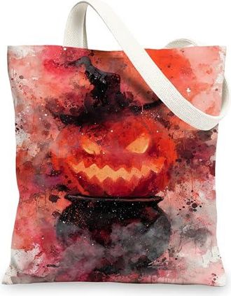 Generic Sacs fourre-tout en toile motif citrouille dHalloween, motif sorcière effrayante, sacs dépicerie réutilisables, légers et artistiques, avec bandoulièr