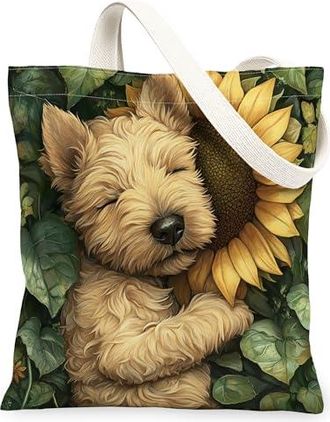 Generic Spring Lakeland Terrier Sac fourre-tout en toile r&eacute;utilisable pour faire du shopping 33 x 38,1 cm, motif chiot feuille de tournesol, sac d&eacute;picerie r&eacute;u