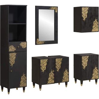 vidaXL Badezimmerschrank-Set mit T&uuml;r 5 pcs Schwarz Massivholz Mango vidaXL
