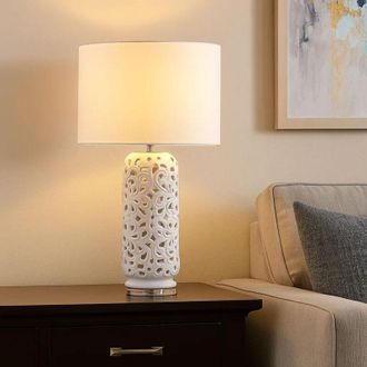 Globo Lighting Lampe de table LED c&eacute;ramique blanche Lampe dappoint abat-jour textile Lampe de table salon Moderne, &agrave; motifs, 10,5W 1055lm blanc chaud, DxH 40x71 cm