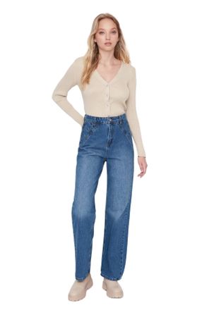 Trendyol Damen Trendyol Mens High Waisted Wide Leg 90s Jeans, Navy Blue, 40 EU