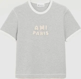 Ami T-Shirt With Ami Paris Knitted Patch Gris Chine Blanc Creme