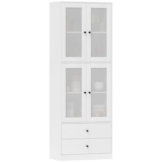 HOMCOM Küchenschrank Vitrinenschrank mit Arbeitsplatte, 2 Schubladen Hochschrank mit 4 Glastüren Buffetschrank mit Verstellbaren Ablagen 59 x 30 x 170 cm, We