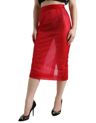 Dolce & Gabbana Womens Red Sheer High Waist Pencil Cut Midi Skirt Nylon Polyester Elastane
