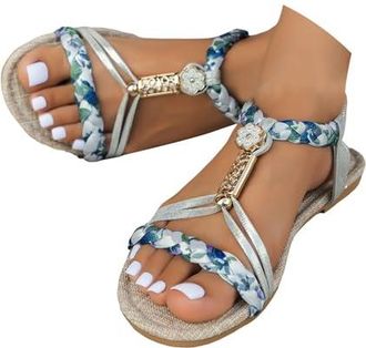 Generic Sandales plates &agrave; lani&egrave;res pour femme - Bout ouvert - Style d&eacute;contract&eacute; - Style boh&egrave;me - Sangle de cheville - Confortables - Large largeur - Perles - 