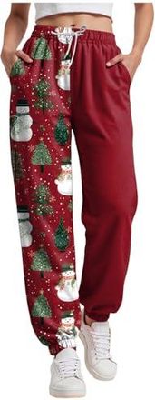 Generic Pantalon de Noël confortable pour femme, jogging élastique taille haute avec imprimé festif, pantalon de survêtement ample avec cordon de serrage pour