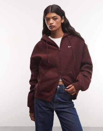 Nike Studio Fleece hoodie oversize zipp&eacute; int&eacute;gralement &eacute;pais bordeaux-Rouge