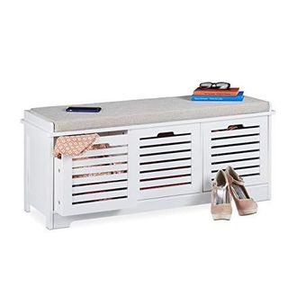 Relaxdays Banc avec Espace de Rangement, 3 paniers et Coussin, Banquette Cuisine Garde Robe HxlxP 44x105x35cm, blan