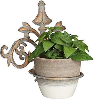 Relaxdays Wand Blumenhalter Barock, Gusseisen, Vintage Blumentopfhalter f&uuml;r drau&szlig;en, Blumentopfring &Oslash; 13,5 cm, gold-grau
