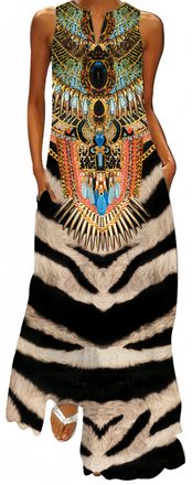 Ocean Plus Damen Ärmelloser Langer Rock V-Ausschnitt Bedrucktes Blumenkleid Ärmelloses Maxikleid mit V-Ausschnitt (3XL, Stammeschmuck mit Tiger Muster)