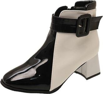 Generic Bottines courtes tendance en patchwork avec boucle et sangle d&eacute;corative, bout carr&eacute;, talon bloc, fermeture &eacute;clair dans le dos, pour femme, blanc, 38.5