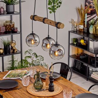 HOFSTEIN Pendelleuchte Ripoll, H&auml;ngelampe aus Metall/Holz/Glas in Schwarz/Natur/Chrom/Rauch/Klar, H&auml;ngeleuchte im Retro/Boho-Design mit Glasschirmen u. Holzbal