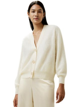 LilySilk 100% Kaschmir-Cardigan f&uuml;r Damen mit &uuml;berschnittenen Schultern, Perlenkn&ouml;pfen und V-Ausschnitt, Strickmantel(Wei&szlig;,L