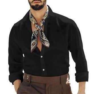 Generic Chemise en lin &agrave; manches longues pour homme - Chemise en coton &agrave; manches longues boutonn&eacute;e en coton blanc - T-shirt fin l&eacute;ger - T-shirt noir - V&ecirc;temen