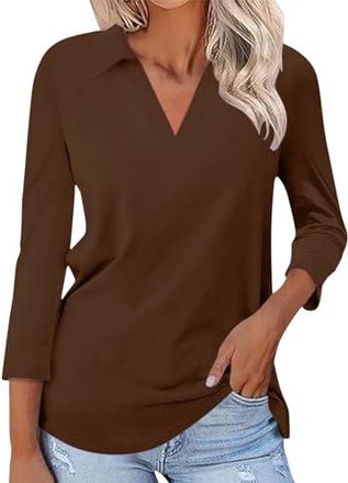 Generic Polo pour femme - Couleur unie - Élégant - Manches 3/4 - T-shirt de golf - Col en V - Doux - Chemisier classique - Léger - Pour femme, marron, XL
