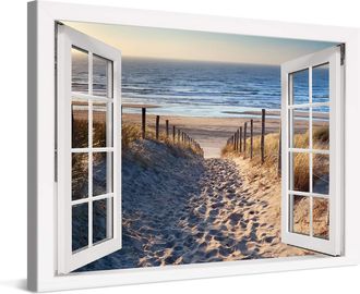Picanova Bild auf Leinwand Weg zum Meer Fenster 120x80cm - Leinwandbild - Premium Leinwanddruck - Wandbild Kunstdruck Auf 2cm Holz-Keilrahmen Wohnzimmer Wandde