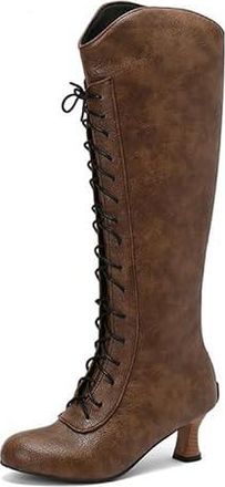 Generic Bottes d&eacute;quitation &agrave; bout rond &agrave; lacets pour femme - Talon bloc - Veau large - Chaussures dhiver r&eacute;tro, marron, 40.5 EU
