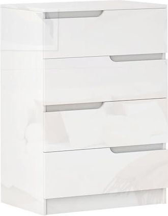 HOMCOM Commode 4 tiroirs moderne et minimaliste, commode en bois agglom&eacute;r&eacute;, 60x40x85 cm, blanc brillant