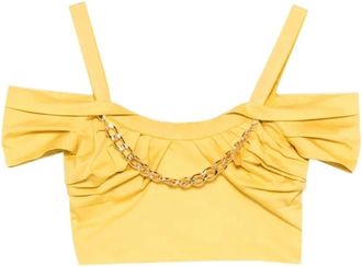 Elisabetta Franchi Femme, Blouses et Chemises, Jaune, Taille: 42 FR Top en coton stretch avec collier