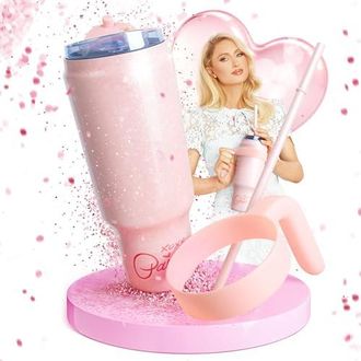 Paris Hilton pinke Edelstahl Trinkflasche mit Kunststoffgriff und Strohhalm - 1,1 L, Doppelwandig Isoliert, Abnehmbarer Griff