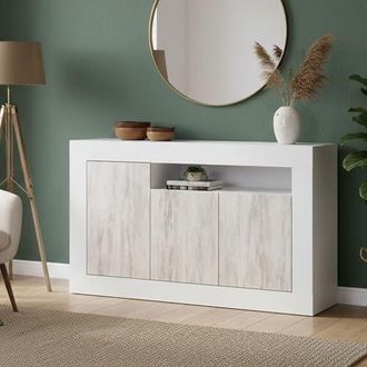 Dmora Thornton Sideboard, Wohnzimmergarderobe, Wohnzimmerbuffet mit F&auml;chern, TV-St&auml;nder, modernes Sideboard mit 3 T&uuml;ren, 144x42h87 cm, Wei&szlig;