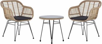 Beliani Balkonset Nat&uuml;rlich Rattan 2 Sessel mit Armlehnen Runder Tisch Sicherheitsglas Auflagen Schwarz Stahlgestell Terasse Balkon Garten Boho