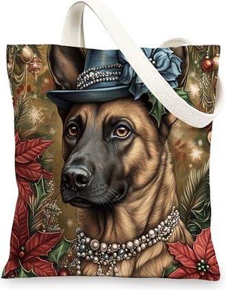 Generic Sac fourre-tout vintage de No&euml;l en toile avec chien malinois belge 33 x 38,1 cm, sac d&eacute;picerie r&eacute;utilisable pour femme, peinture esth&eacute;tique pour anima