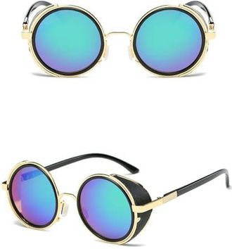 Generic Lunettes de soleil rondes steampunk pour femme - Visière latérale - Verres circulaires - Style vintage rétro punk - Oculos De Sol, 5-or-vert, Taille u
