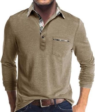 Generic Polo pour homme &agrave; col standard &agrave; manches longues - Coupe droite - T-shirt Henley avec poche poitrine - Bouton 1/4 - Pull de couleur unie - T-shirt d&eacute;t