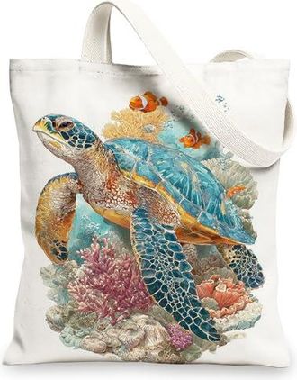 Generic Sacs fourre-tout en toile motif tortue de locéan, sacs dépicerie réutilisables, légers et lavables, taille S, blanc, 13x15 Inch