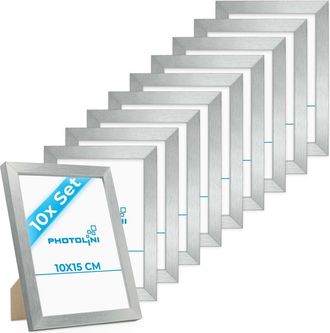 Photolini Bilderrahmen 10x15 Silber MDF-Holz, 10er Set Poster-Rahmen, bruchsicheres Acrylglas, zum Aufh&auml;ngen & Aufstellen, extra Zubeh&ouml;r - f&uuml;r Fotos & Poster