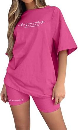 Generic Ensemble 2 pi&egrave;ces pour femme - T-shirt surdimensionn&eacute; - Short de motard - Style d&eacute;contract&eacute; - Tenue de sport - Essentiel pour les vacances d&eacute;t&eacute;, Rouge