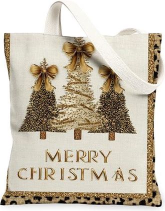Generic Sacs fourre-tout en toile motif sapins de No&euml;l, sacs d&eacute;picerie r&eacute;utilisables, vintage, &eacute;l&eacute;gants, l&eacute;gers, lavables, beige, 13x15 Inch