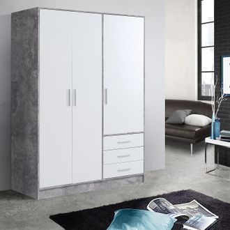 Loftscape home24 Drehtürenschrank Mindelberg 145cm Grau/Weiß/Weiß/Beton Dekor