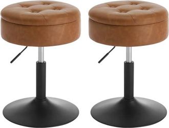 Woltu Tabouret Coiffeuse, Lot de 2, Tabouret Bar Bas, Tabouret Cuisine, Tabouret R&eacute;glable en Hauteur, Tabouret Similicuir, Pivotant, Si&egrave;ge Rond avec Rangeme