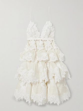 Zimmermann Crush Minikleid Aus Einer Leinen-seidenmischung Mit Spitzenbes&auml;tzen, R&uuml;schen Und Stufen - Elfenbein