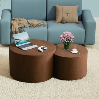 Generic Runde Beistelltische im 2er-Set, Moderne runde Beistelltische f&uuml;rs Wohnzimmer, platzsparende Beistelltisches aus Holz in Trommelform, Keine Montage er