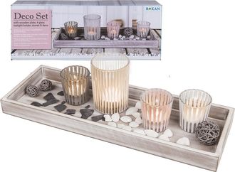 Out of the Blue Holzteller, ca. 40 x 14 cm mit 4 Glas-Teelichthalter Steine & Deko in Geschenkbox