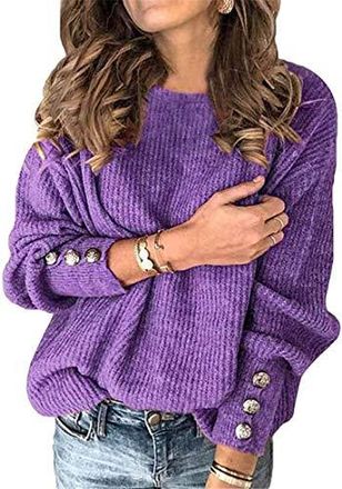 ORANDESIGNE Pull Femme Top Tricot Col en V Col Rond Chandail Manche Longue Manche de Lanterne Boutons Décoration Chandail Sweatshirt Automne Hiver (A Violet, XL)