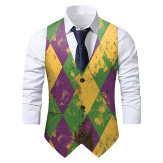 Generic Herren Weste Karneval Kost&uuml;m Bunt Bedruckt Masken Muster Anzugweste V-Ausschnitt Fasching Party Outfit Venedig Themenparty Herrenweste f&uuml;r B&uuml;hne Umzug