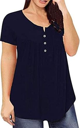 Generic Haut uni à manches courtes pour femme facile à porter - Chemise grande taille - Col en V - Chemisier boutonné à manches courtes - Vêtements pour la vi