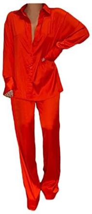 Generic 2026 Femme Ensemble 2 Pi&egrave;ces Costume Satin Bouton Manches Longues Chemisier Blouse + Pantalon Ensemble de Pyjama Jogging Yoga Outfits