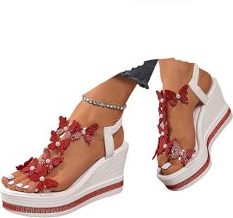 Generic Sandales d&eacute;t&eacute; confortables pour femme avec sangle &eacute;lastique et strass - Bout ouvert - Sandales plates d&eacute;contract&eacute;es &agrave; bout ouvert - Sandales compens&eacute;e