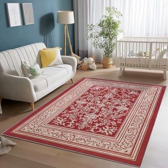Generic Tapis &agrave; Poils Courts Rouge Blanc pour Chambre et Salon, Design R&eacute;tro Style Traditionnel Motifs Magnifique, Antid&eacute;rapant et Lavable en Machine, Tapis D
