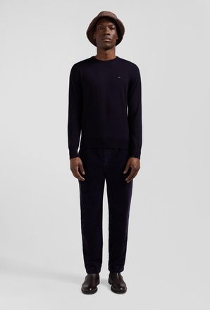 Eden Park Pull Col Rond Uni En Laine M&eacute;rinos Bleu Marine Coupe Regular