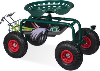 Relaxdays fahrbarer Gartensitz, höhenverstellbar, 150 kg, Stauraum, Rollsitz für Gartenarbeit, Stahl, Luftreifen, grün