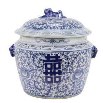 Ori&euml;ntique Fine Asianliving Chinesische Deckelvase Blau Wei&szlig; Porzellan Doppeltes Gl&uuml;ck D25xH25cm Chinesische ingwertopf asiatische Jingdezhen China Deko Ingwergl