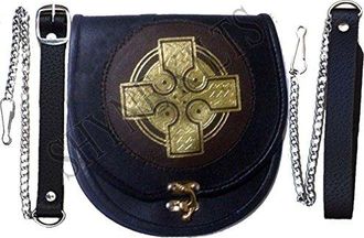 Shyne Kilts U.K Sporran Sporran en cuir avec croix dorée Noir/marron Pour kilts avec chaîne ceinture, noir/marron, taille unique