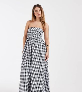 Vero Moda Petite Robe bandeau mi-longue &agrave; jupe &eacute;vas&eacute;e et carreaux vichy - Noir et blanc