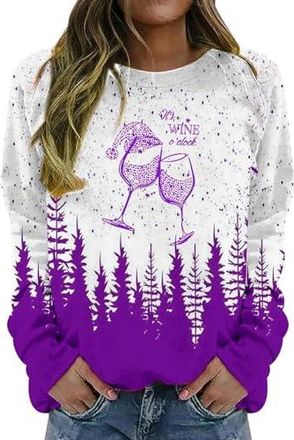 Generic 2026 Printemps Femmes Imprim&eacute; de No&euml;l Automne et Hiver Casual R&eacute;tro Sweatshirt Manches Longues Col Rond Pull, violet, XL